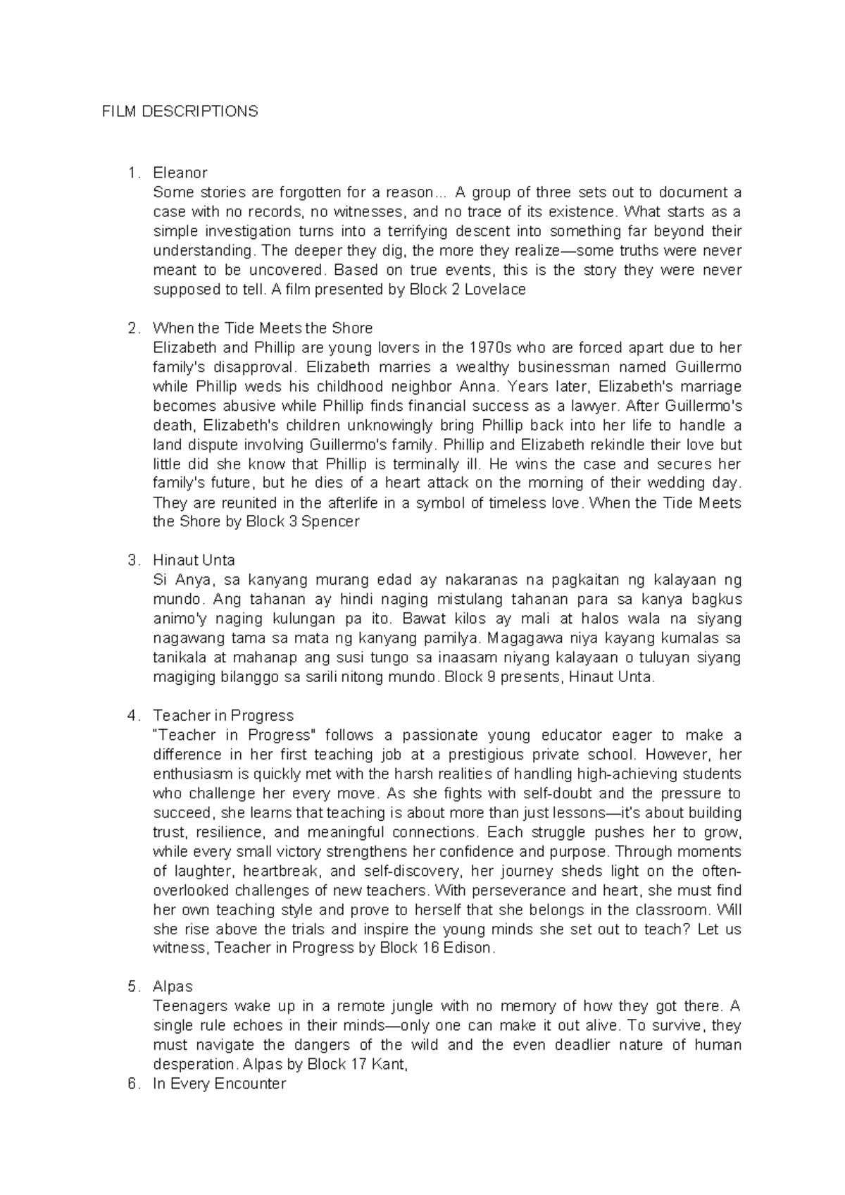 FILM Descriptions - FILM DESCRIPTIONS Eleanor Some stories are ...