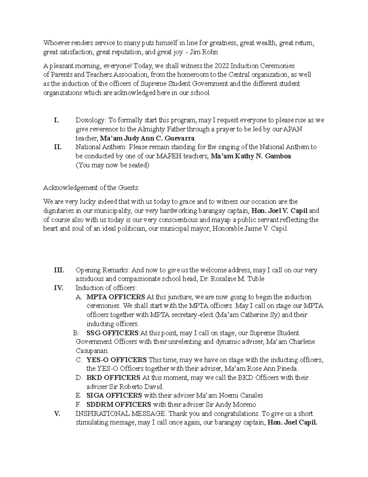 Induction Script for MPTA & SSG Ceremony 2022 - Studocu