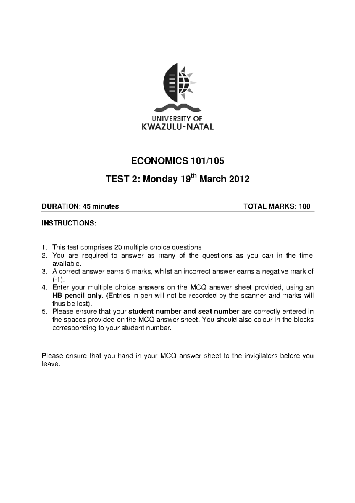 ECON 101 Test 2 Questions - March 2012 (45 Min, 100 Marks) - Studocu