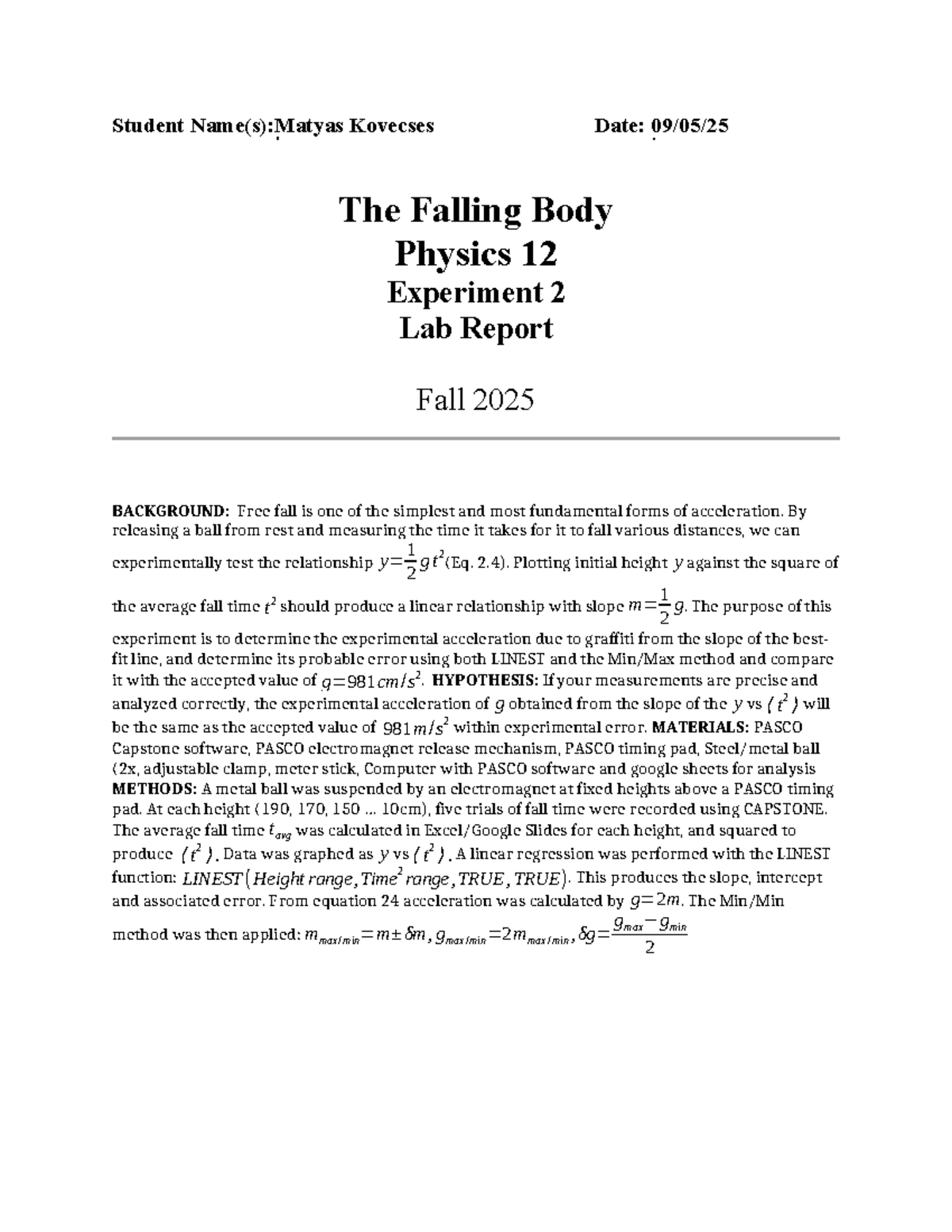 Physics 12 Lab Report: Free Fall Experiment Analysis - Studocu