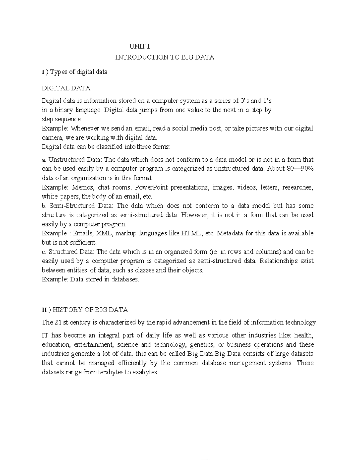 BIG DATA UNIT I: INTRODUCTION TO BIG DATA AND ITS CHARACTERISTICS - Studocu