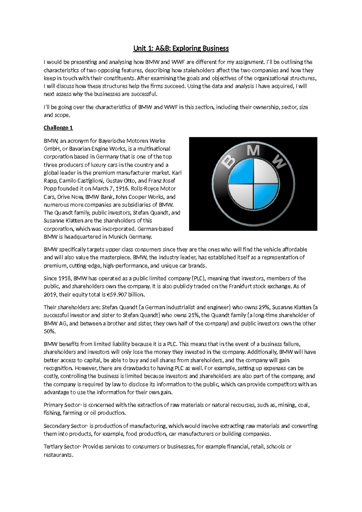Unit 1: Comparing BMW and WWF - Stakeholder Analysis and Structures ...