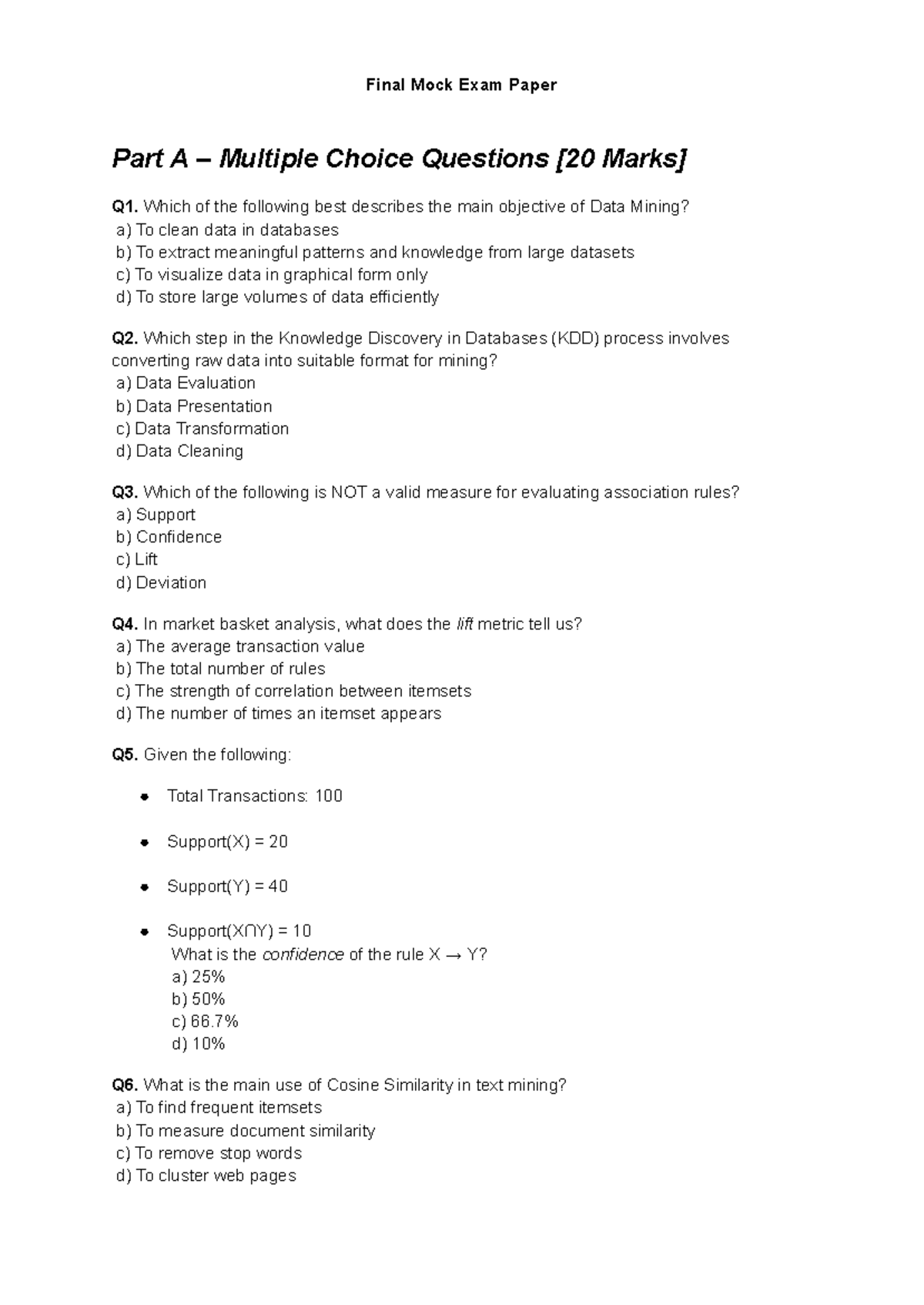 Final Mock Exam Paper ITS665 - Multiple Choice & Clustering Questions ...