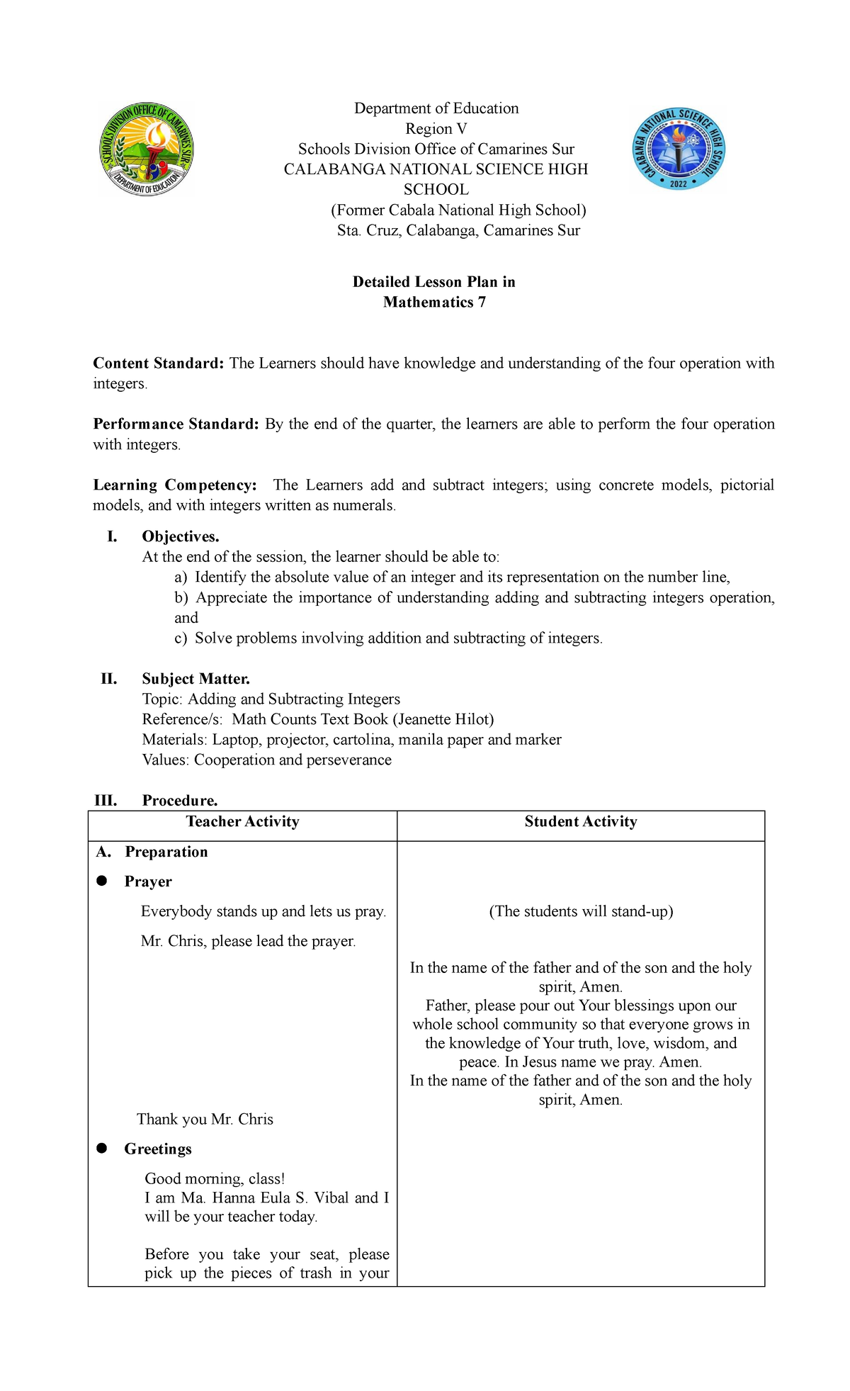 Mathematics 7: Detailed Lesson Plan on Adding & Subtracting Integers ...