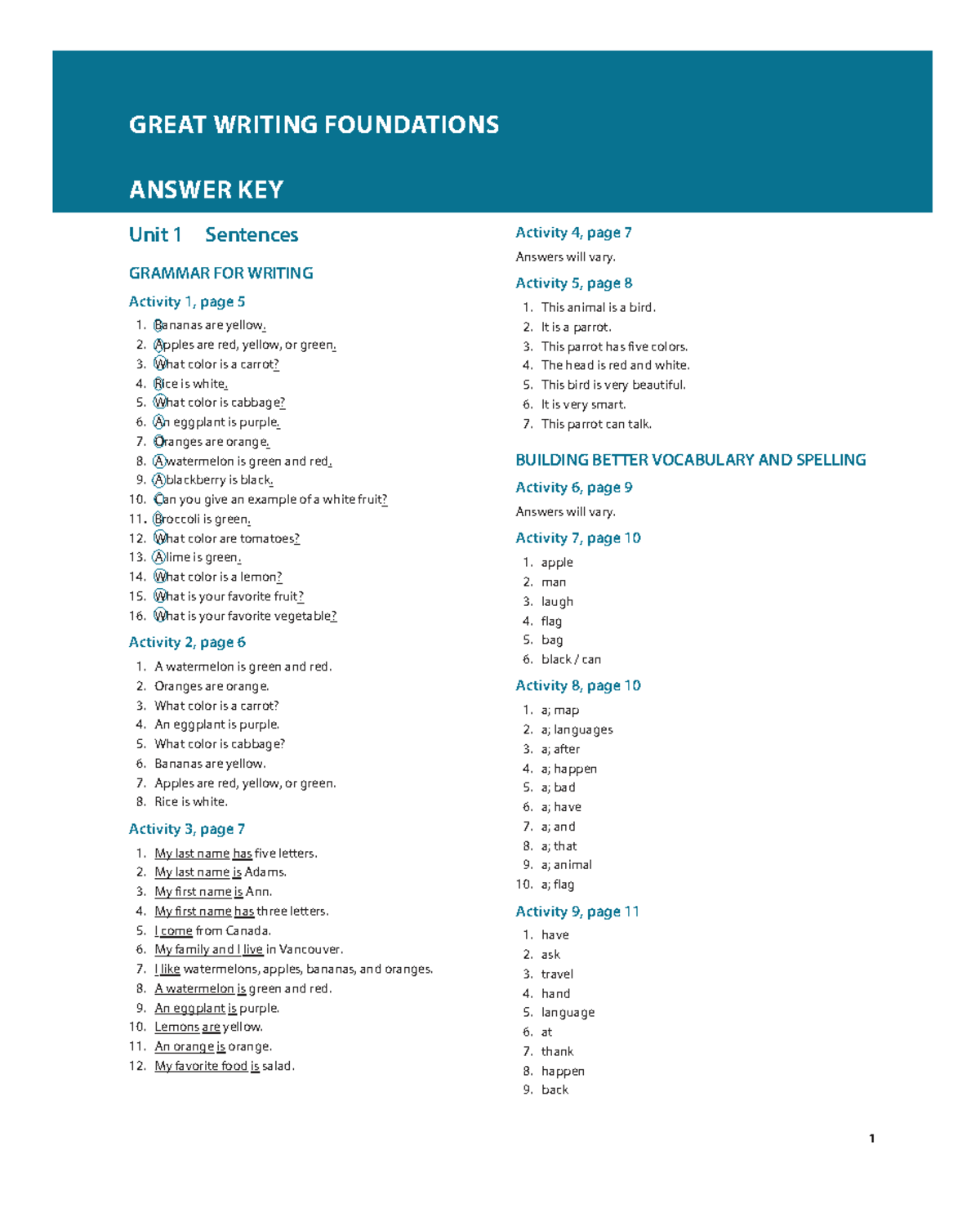 GREAT WRITING FOUNDATIONS ANSWER KEY: Unit 1 Sentences & Vocabulary ...