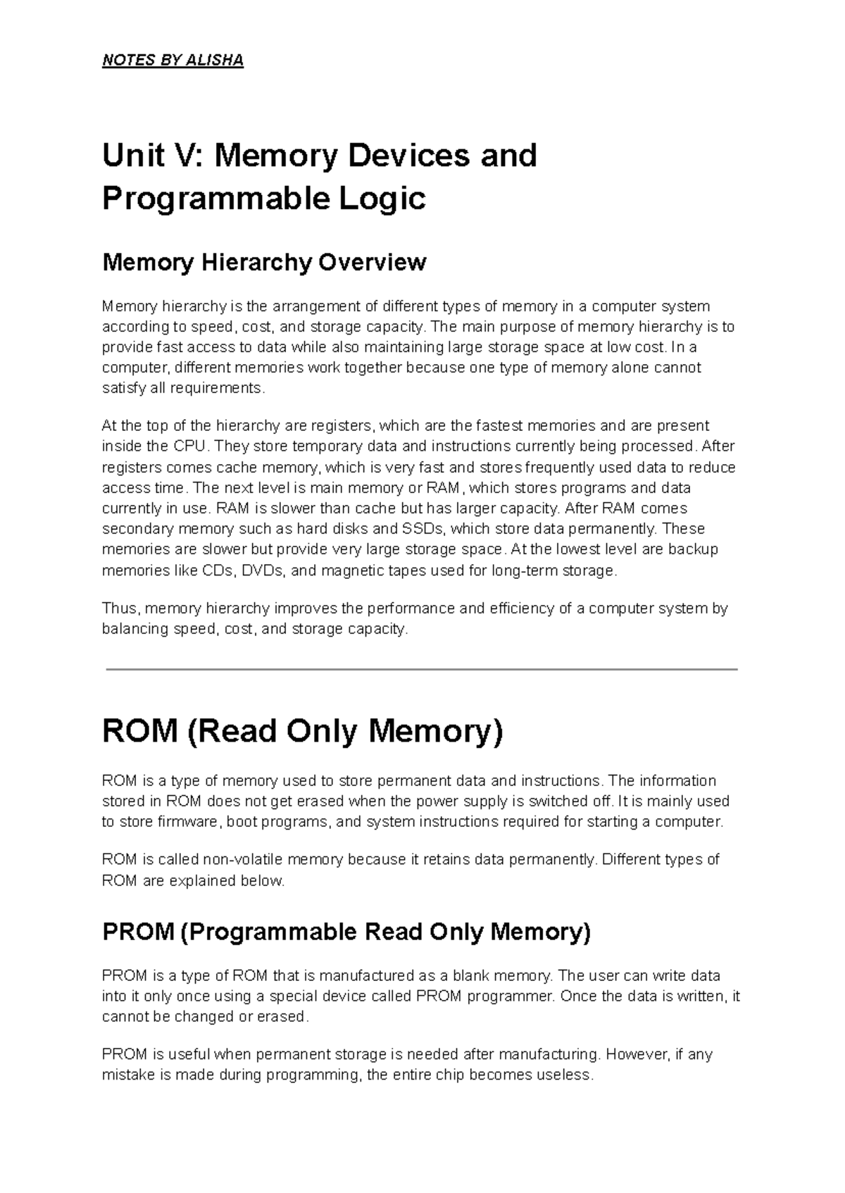 Unit V: Memory Devices & Programmable Logic Overview (NBA) - Studocu