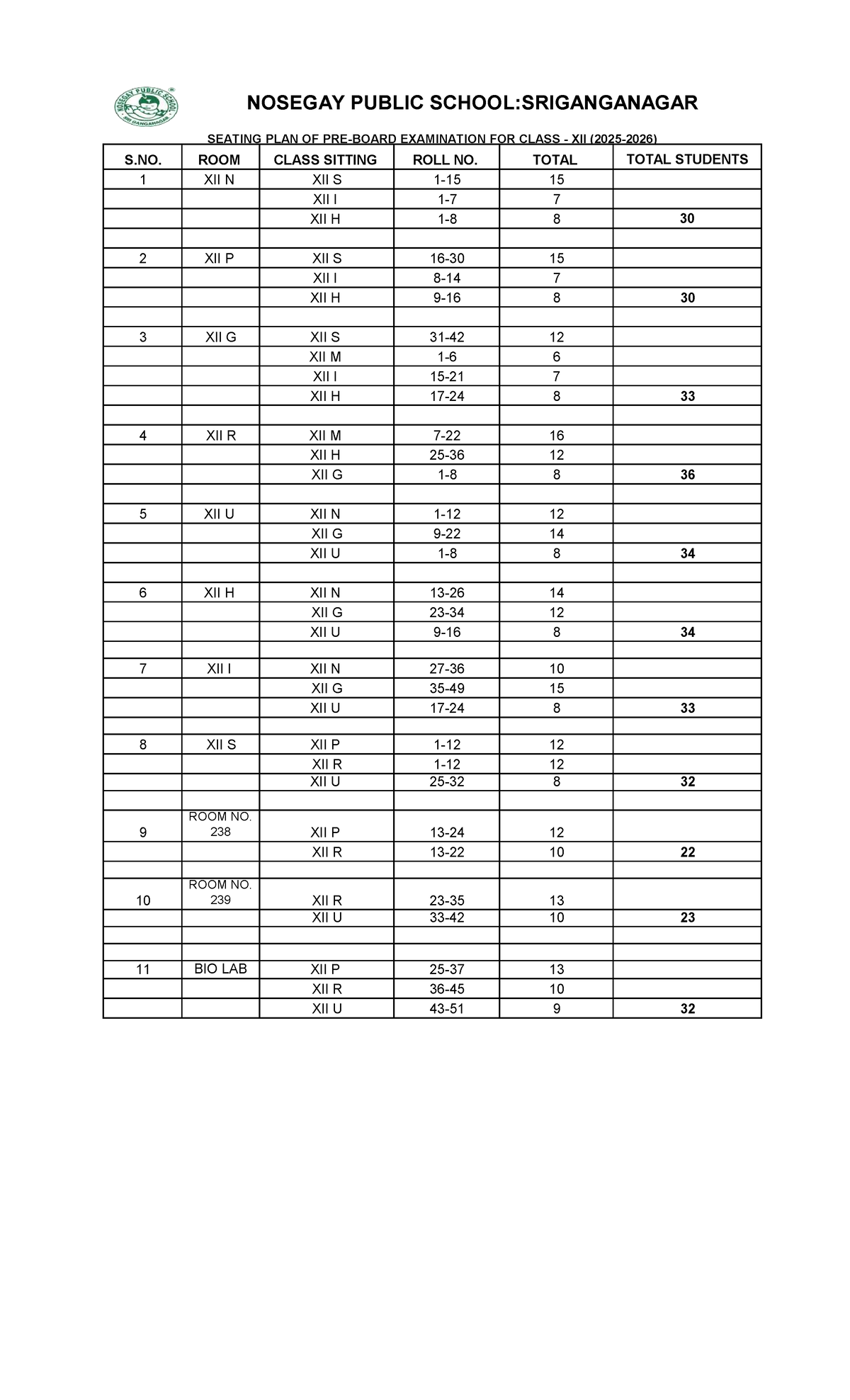 Seating Plan for Pre-Board Exam Class XII (2025-2026) - Studocu