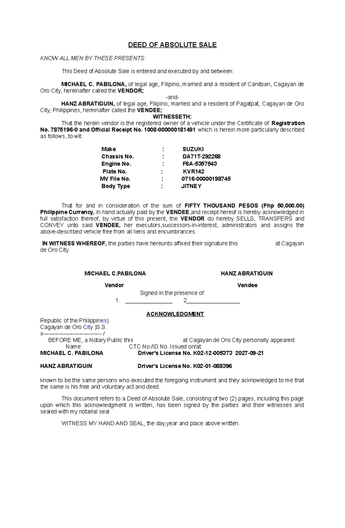 DEED OF ABSOLUTE SALE SUMMARY - MICHAEL C. PABILONA & HANZ ABRATIGUIN ...
