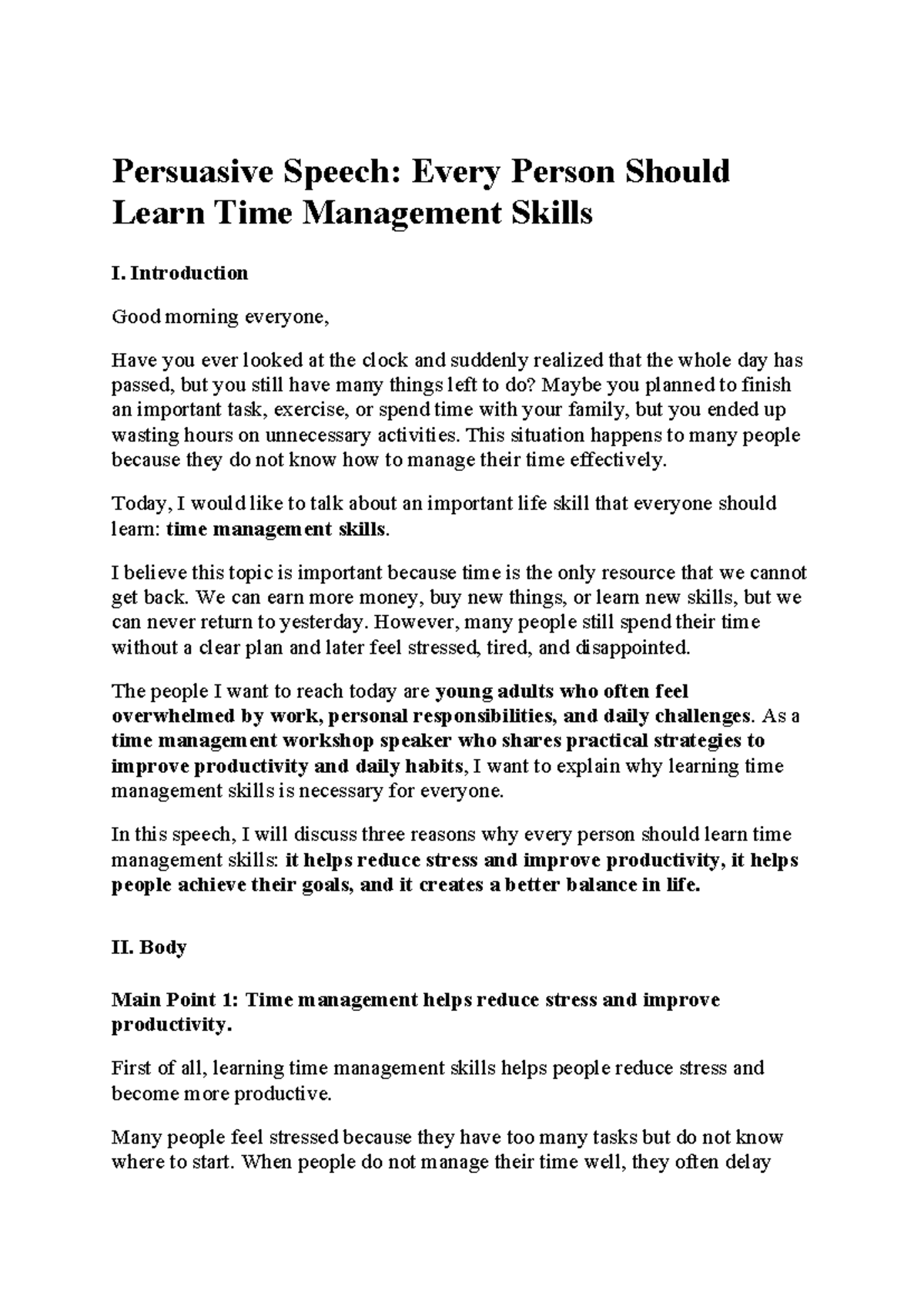 Persuasive Speech: Why Everyone Needs Time Management Skills - Studocu