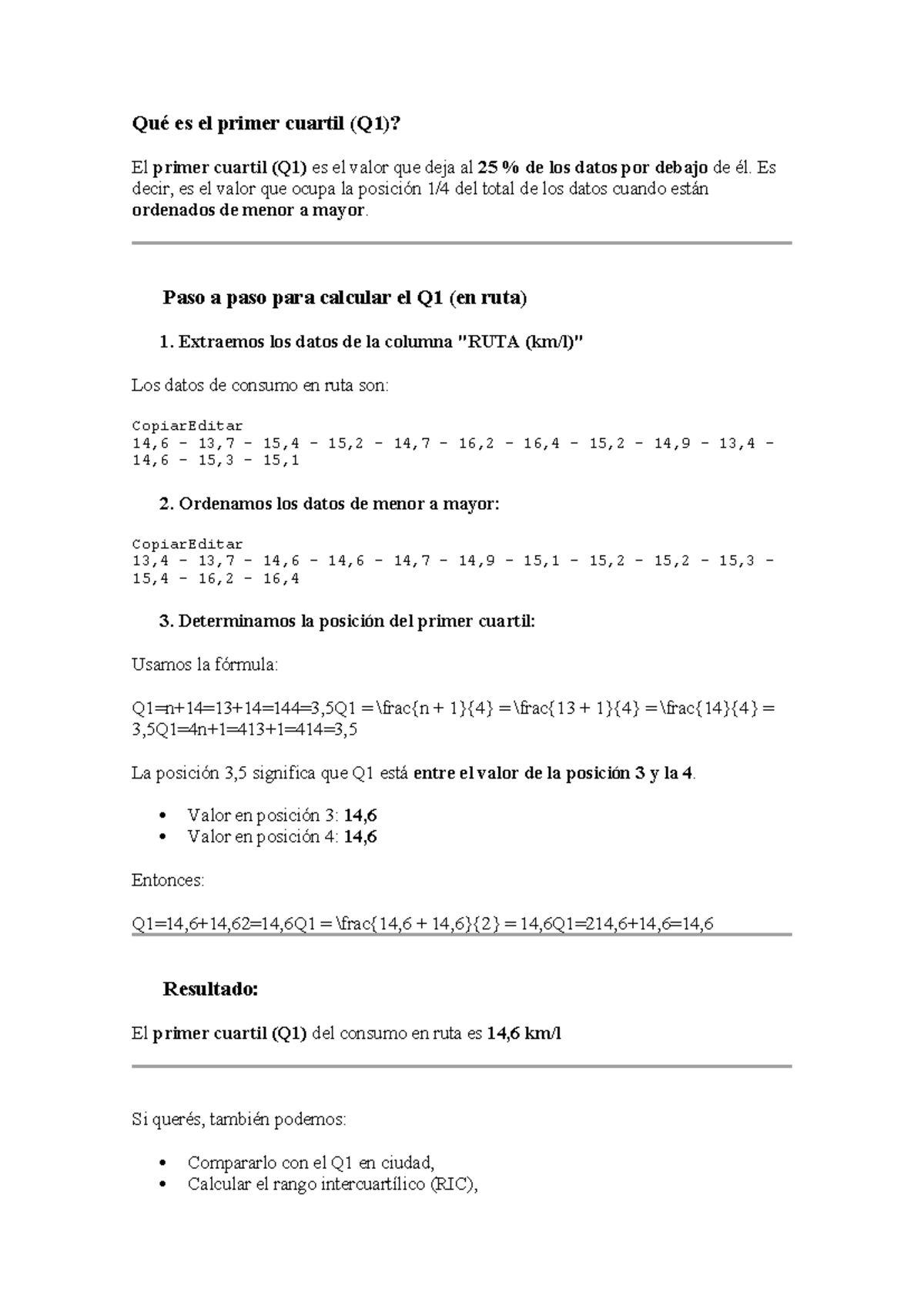 Resumen de Estadística: Primer Cuartil (Q1) y Desviación Estándar en ...