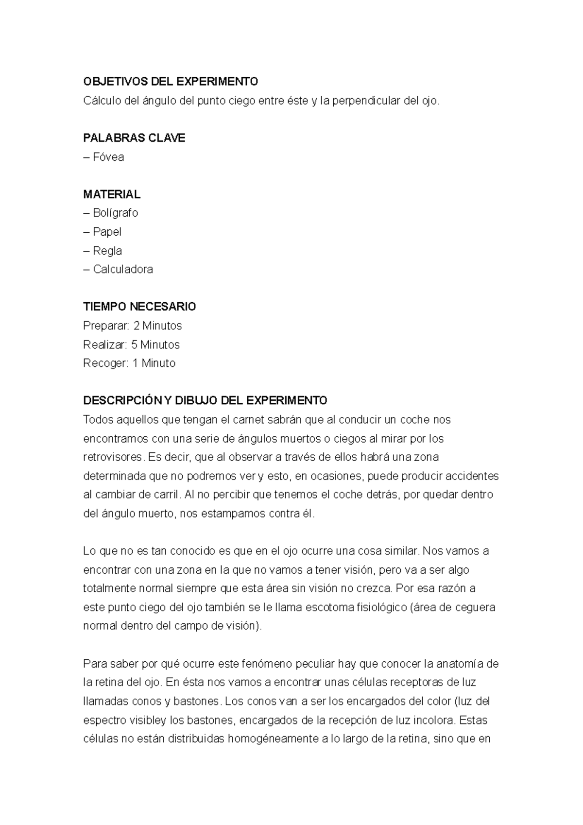 EL Punto Ciego - OBJETIVOS DEL EXPERIMENTO Cálculo del ángulo del punto ...