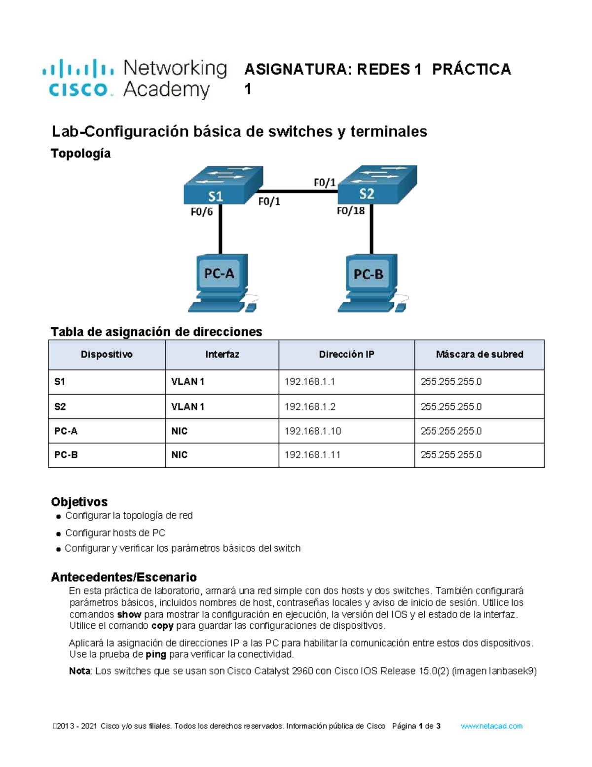 Práctica 1: Configuración Básica de Switches y Terminales en REDES 1 - Studocu