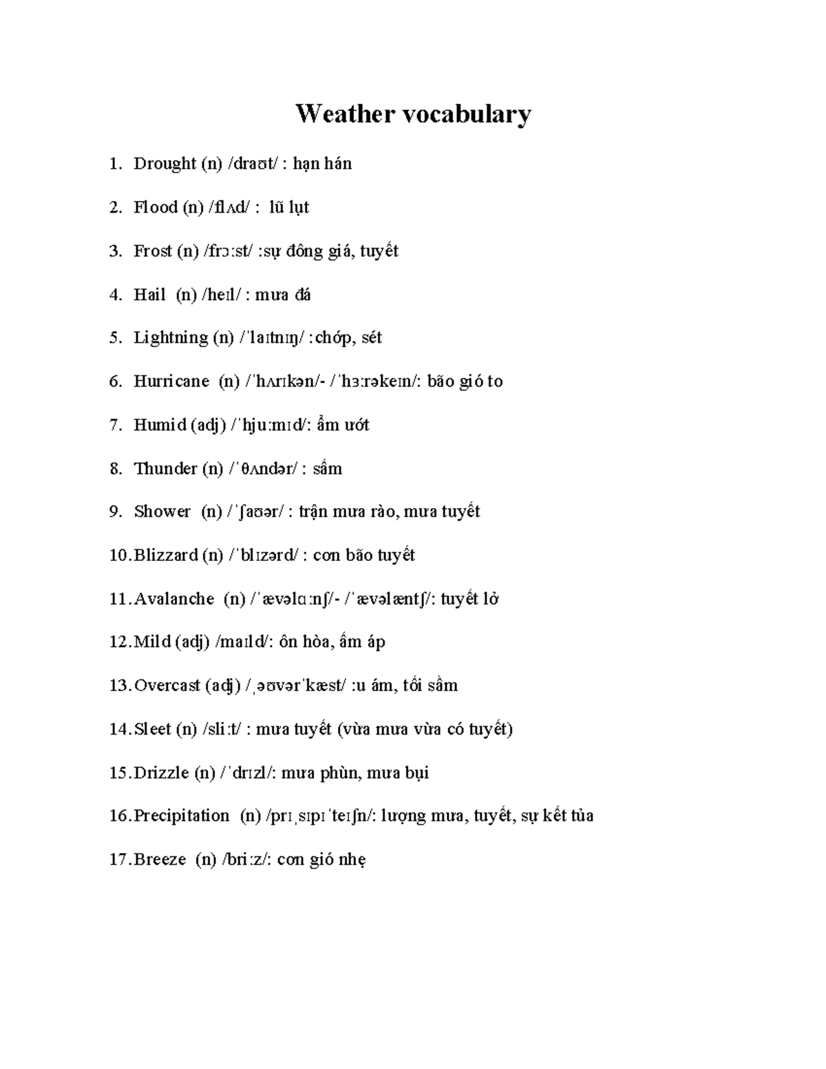 Weather Vocabulary: Key Terms and Definitions - Studocu