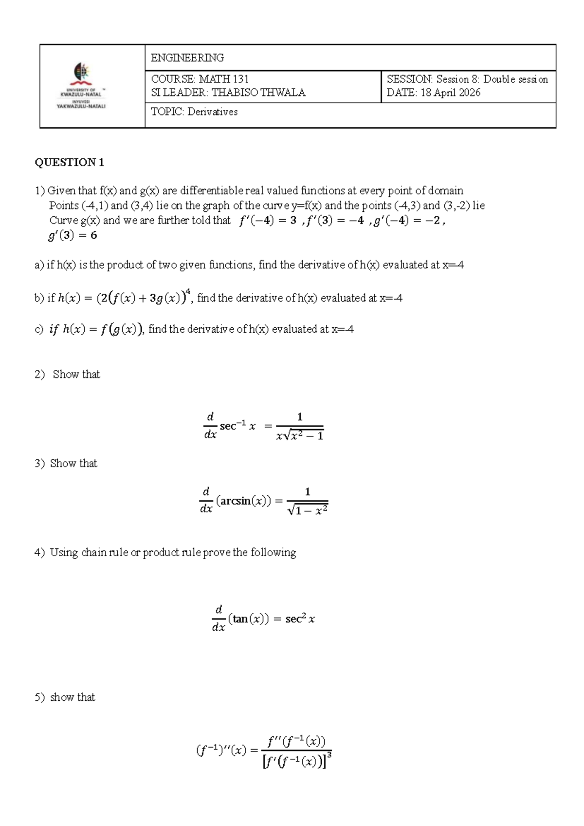 MATH 131: Derivatives Worksheet 8 - Session 8 Notes - Studocu