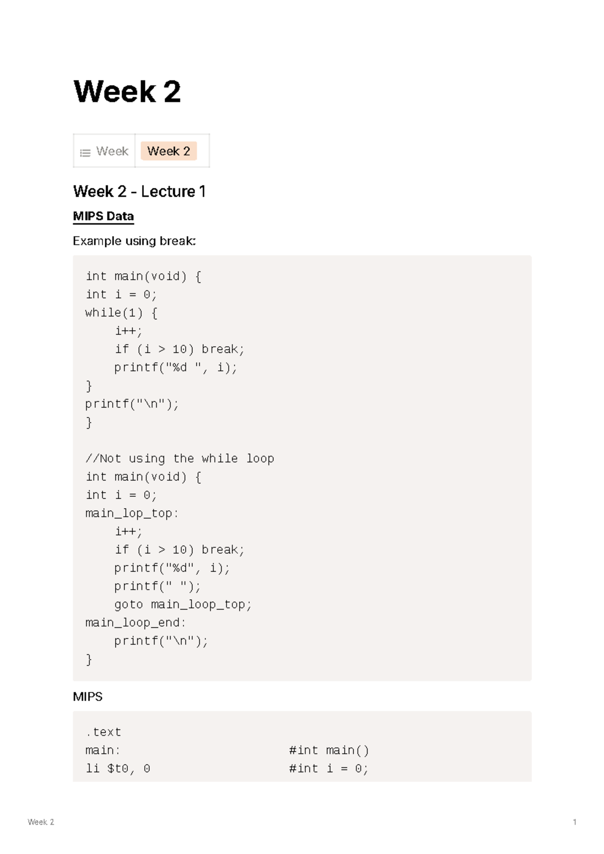 1521 Week 2 Notes - Week 2 Week Week 2 Week 2 - Lecture 1 MIPS Data ...