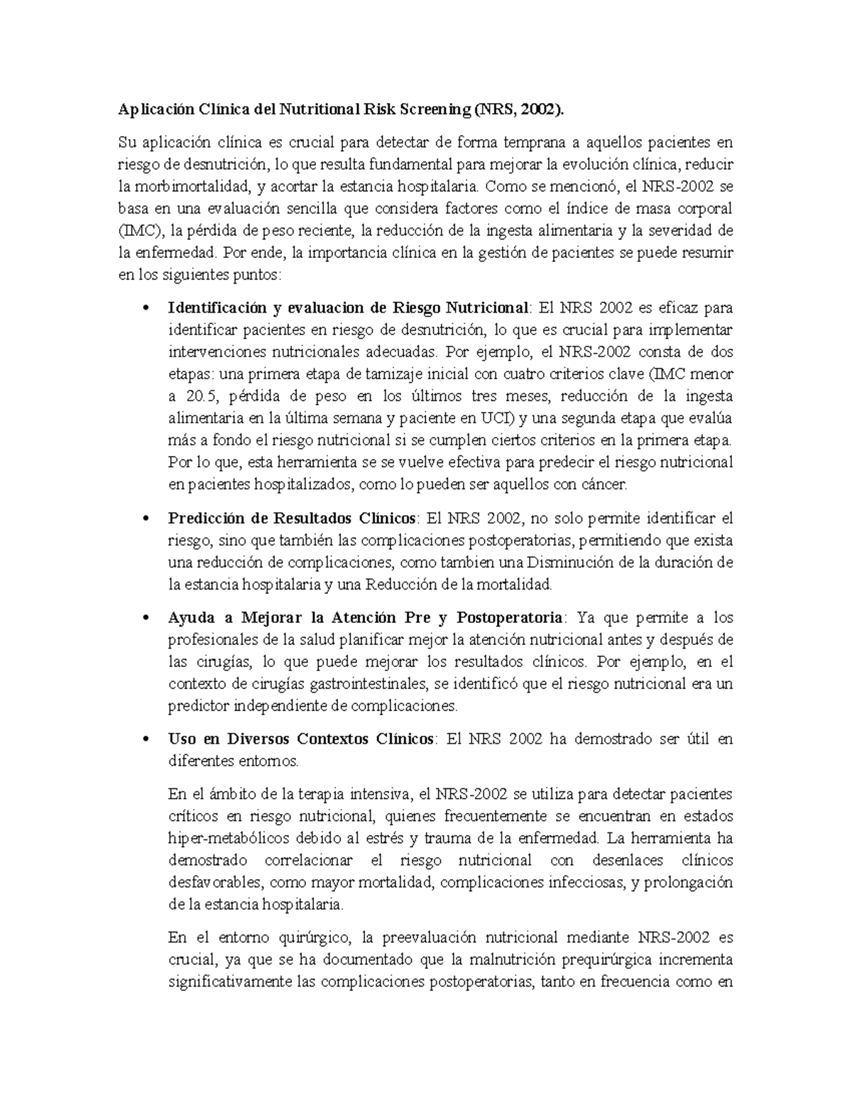 Aplicación Clínica del NRS 2002: Detección y Manejo del Riesgo ...