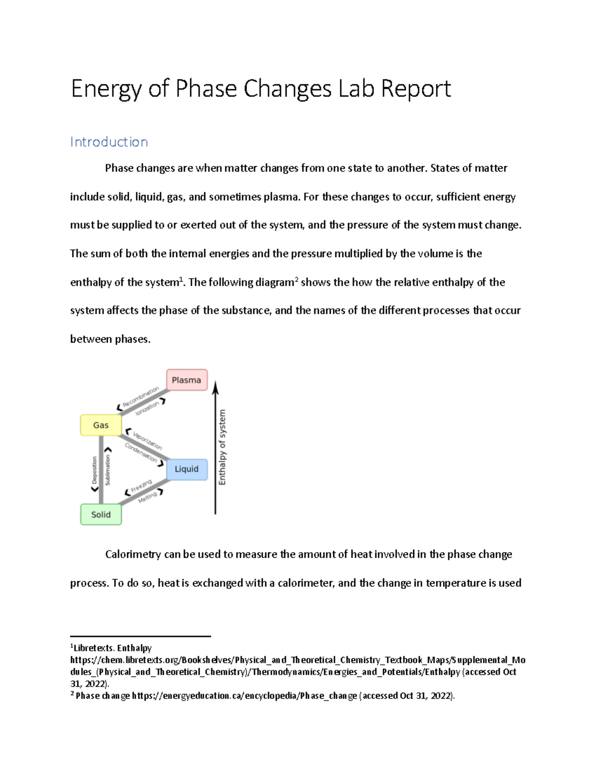 Energy Phase Change Lab Report (Calorimetry and Enthalpy Analysis ...