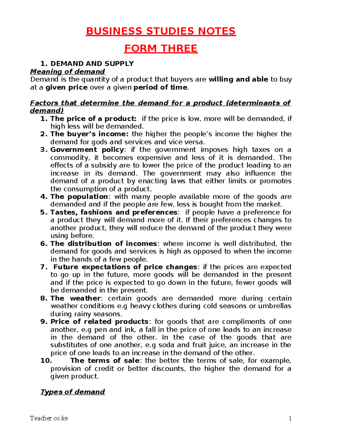 BUSINESS STUDIES NOTES F3: DEMAND AND SUPPLY OVERVIEW - Studocu
