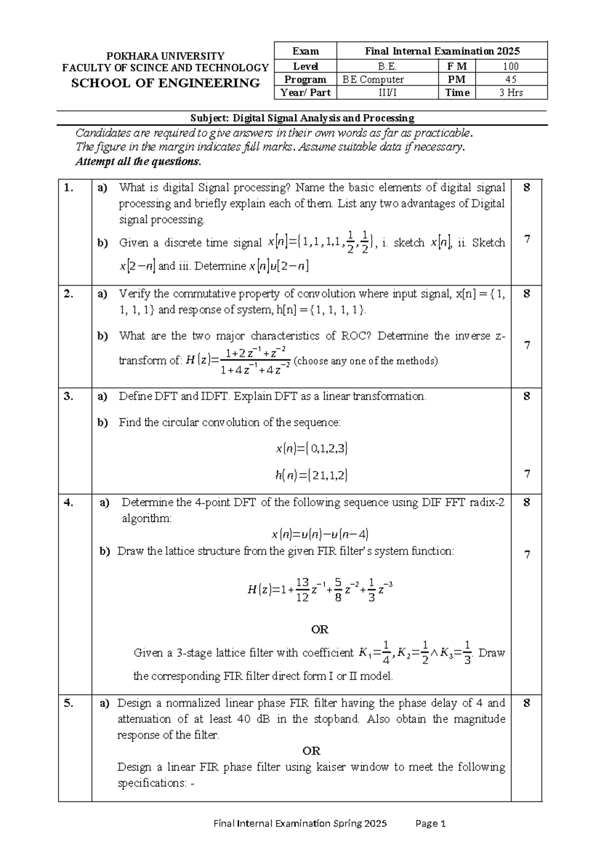 POKHARA UNIVERSITY B.E. FM 100 Final Internal Exam: Digital Signal ...