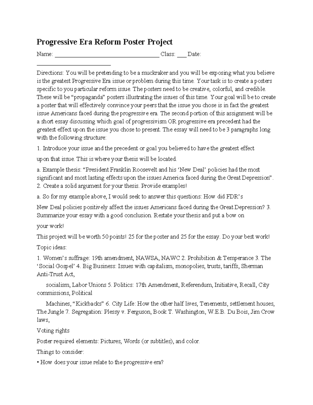 Progressive Era Reform Poster Project Guide - Studocu