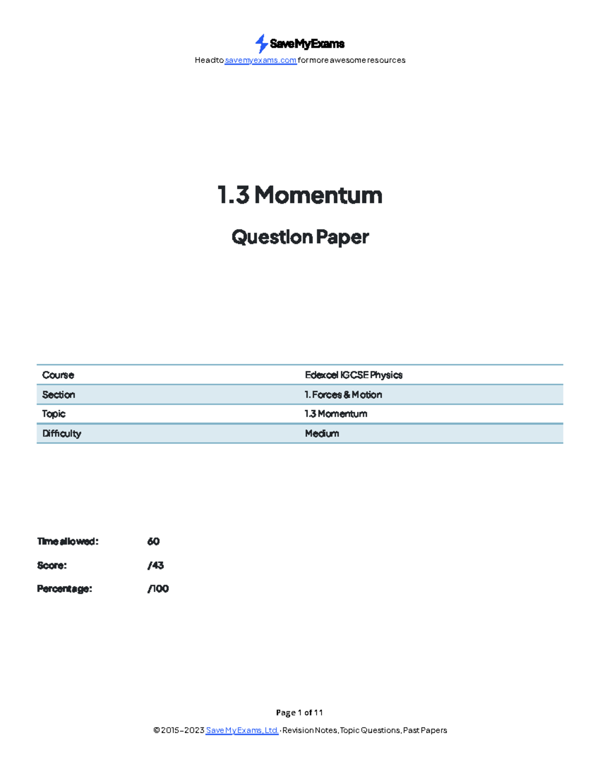 Medium momentum - n/a - Page 1 of 11 1 Momentum Question Paper Course ...