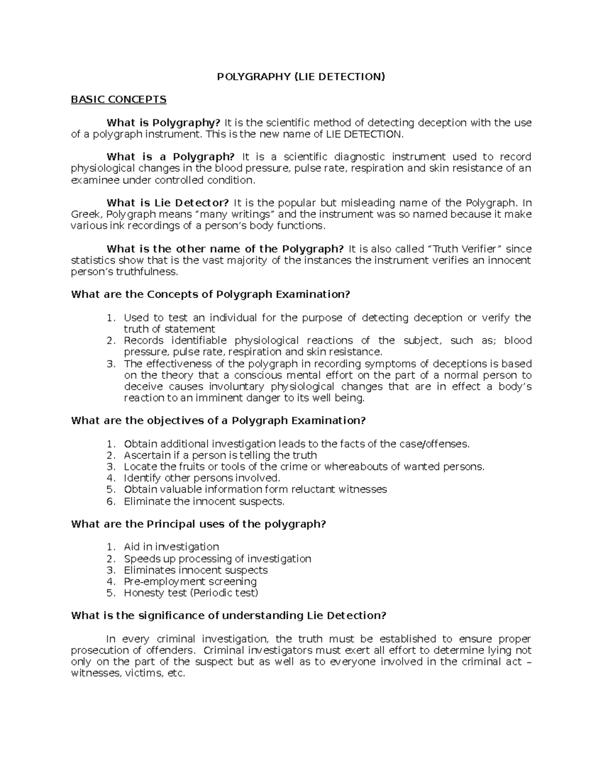Polygraphy Concepts & Techniques: LIE DETECTION Basics - Studocu