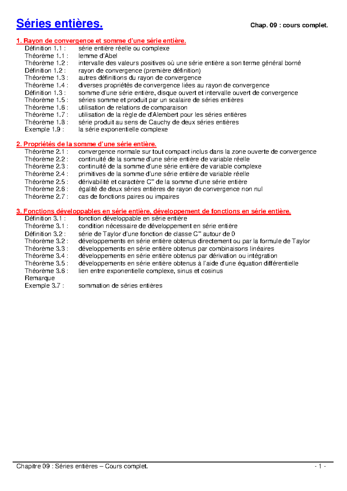 Séries Entières : Cours d'Analyse - Chapitre 09 Complet - Studocu