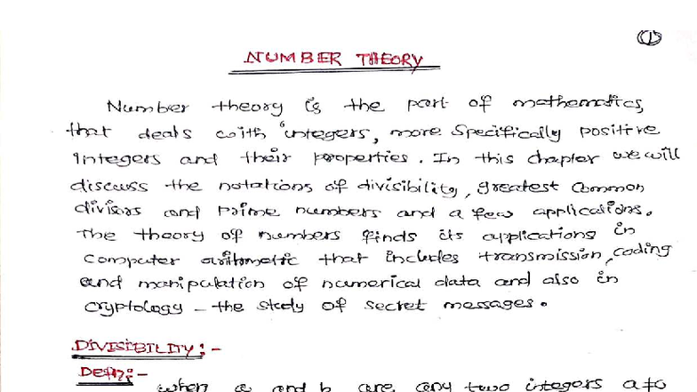 Unit -2 Number Theory - Good - 1 NUMBER THEORY Number theory is the ...