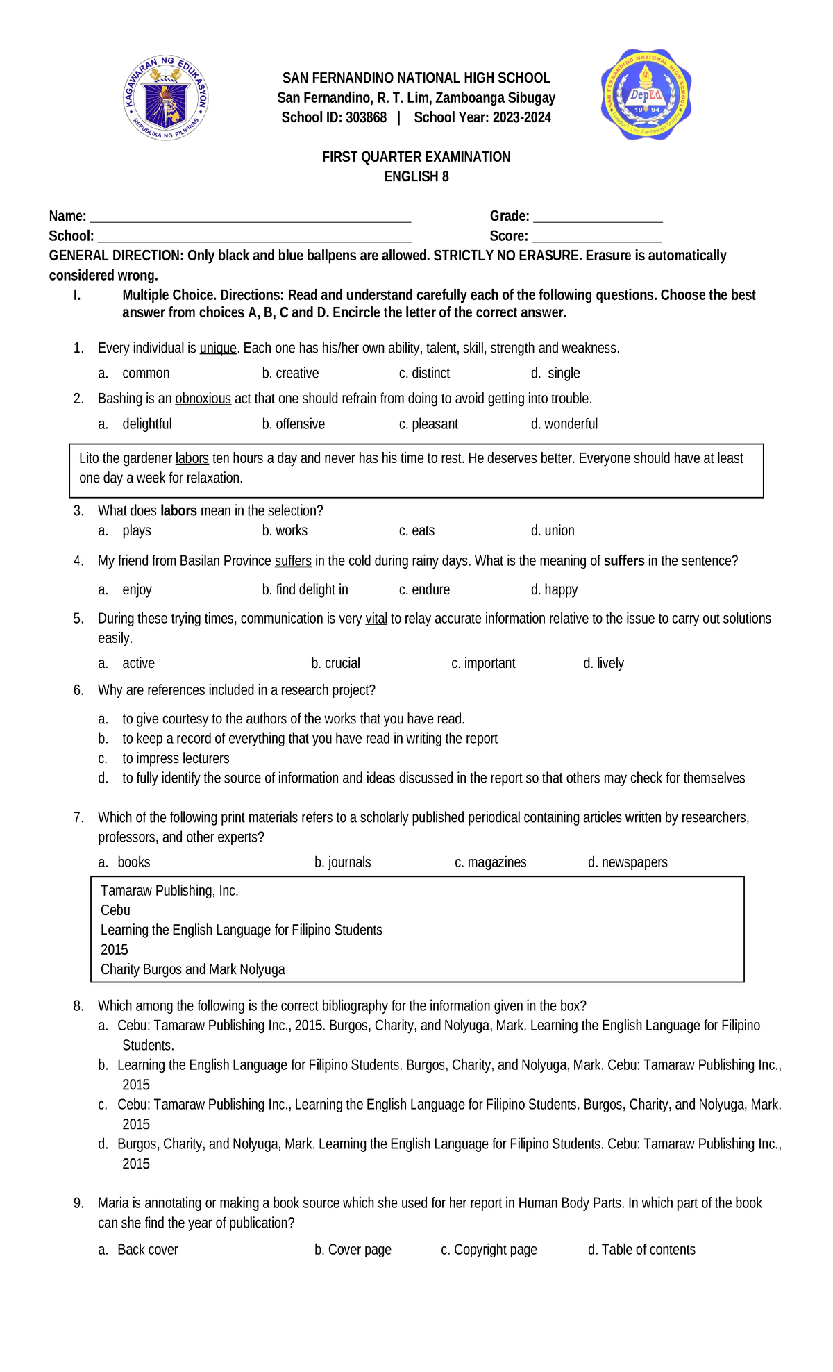 Eng 8 1st Q Exam - English Test Questions & Answer Key - Studocu