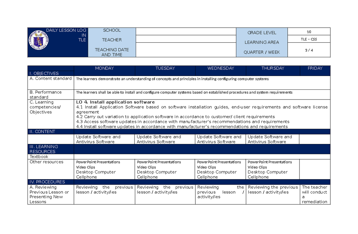 DLL in TLE CSS 10: Weekly Lesson Plan for Q3 Week 4 - Studocu