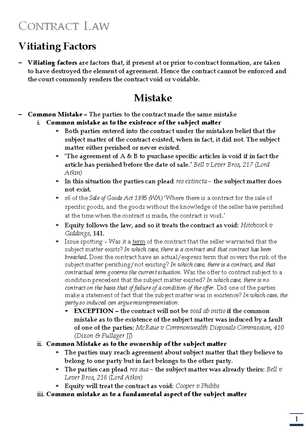 Lecture Notes: Contract Law and Vitiating Factors - Course 1 - Studocu