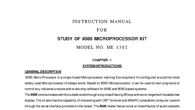 Instruction Manual for 8085 Microprocessor Kit (ME 1302) - Chapter 1 Overview - Studocu