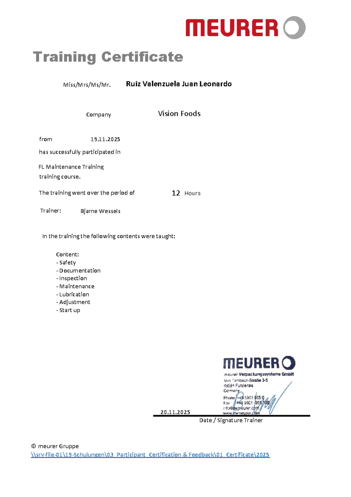 2025 11 19 WO19533 FL Maintenance Training 12h Englisch Vision Foods ...