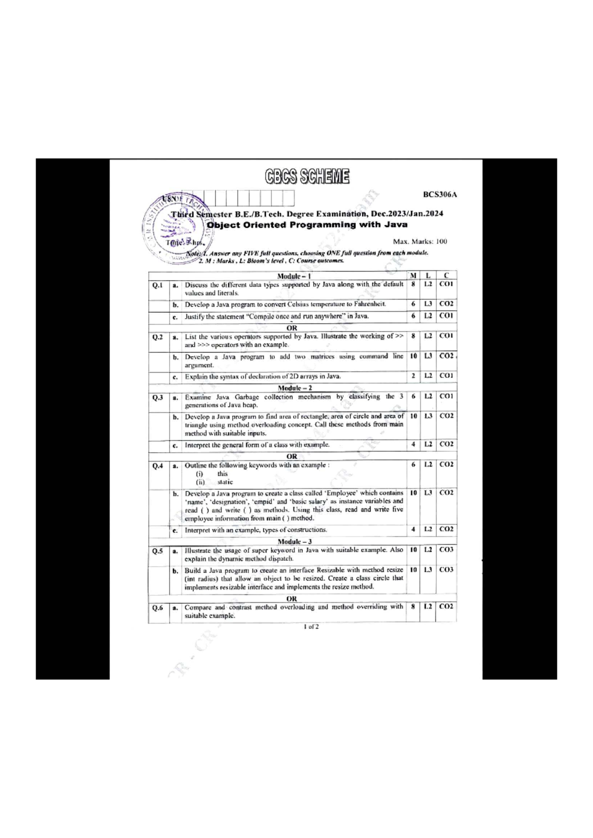 BCS306A Third Semester Degree Exam: Object Oriented Programming with ...