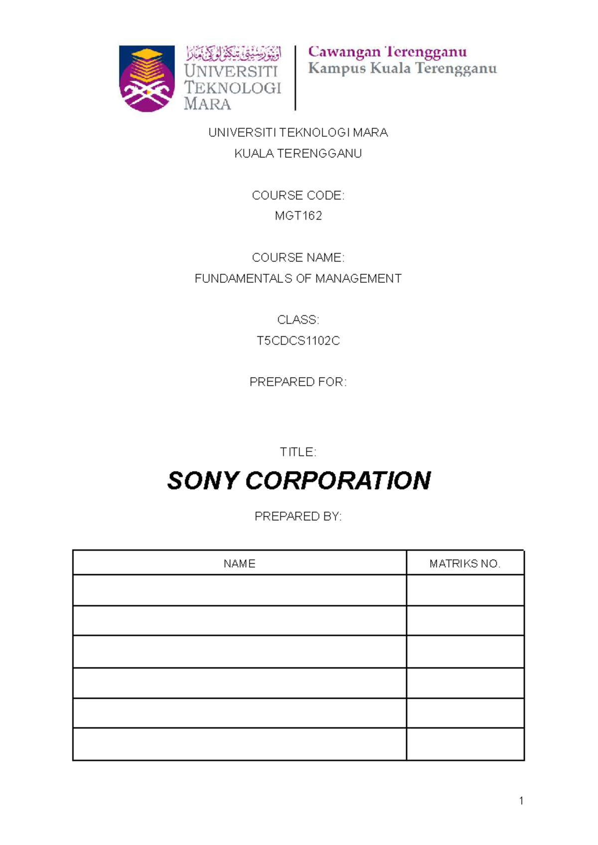 MGT162 Group Project Report: Analysis of Sony Corporation's Management ...