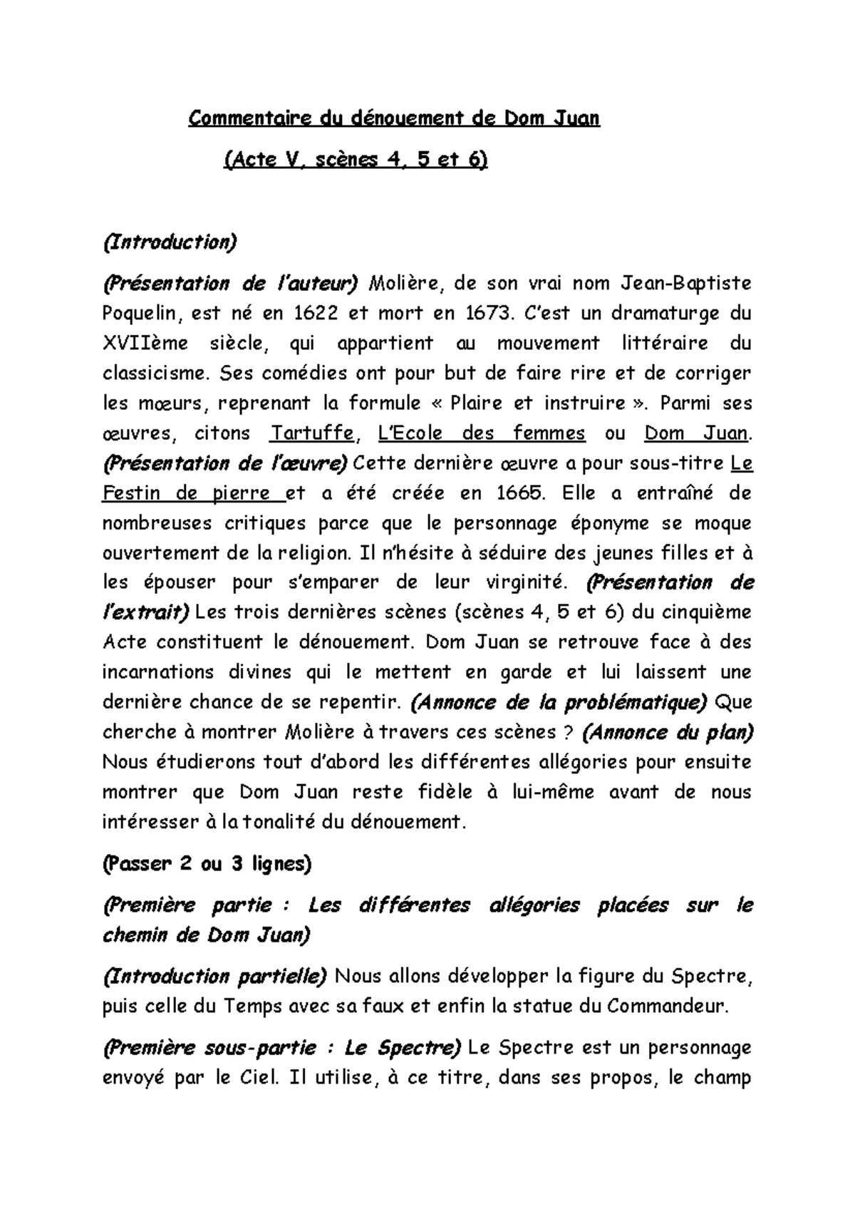 Commentaire du dénouement de Dom Juan : Analyse des Allégories - Studocu