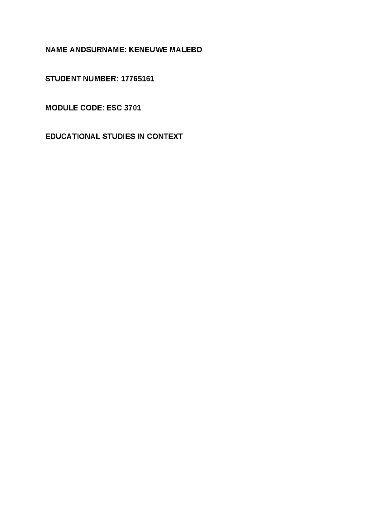 ESC EXAM Script Finale - EXAM - NAME ANDSURNAME: KENEUWE MALEBO STUDENT ...