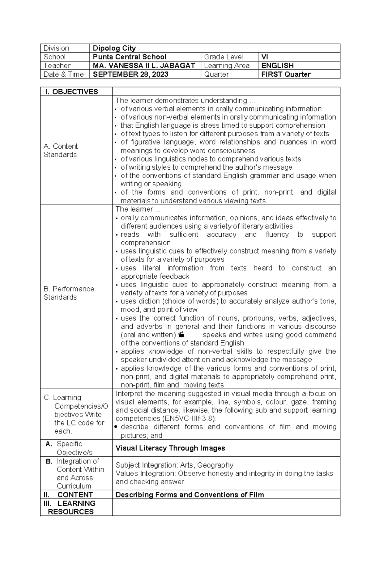 COT 1 English VI Lesson Plan - Understanding Film Conventions - Studocu