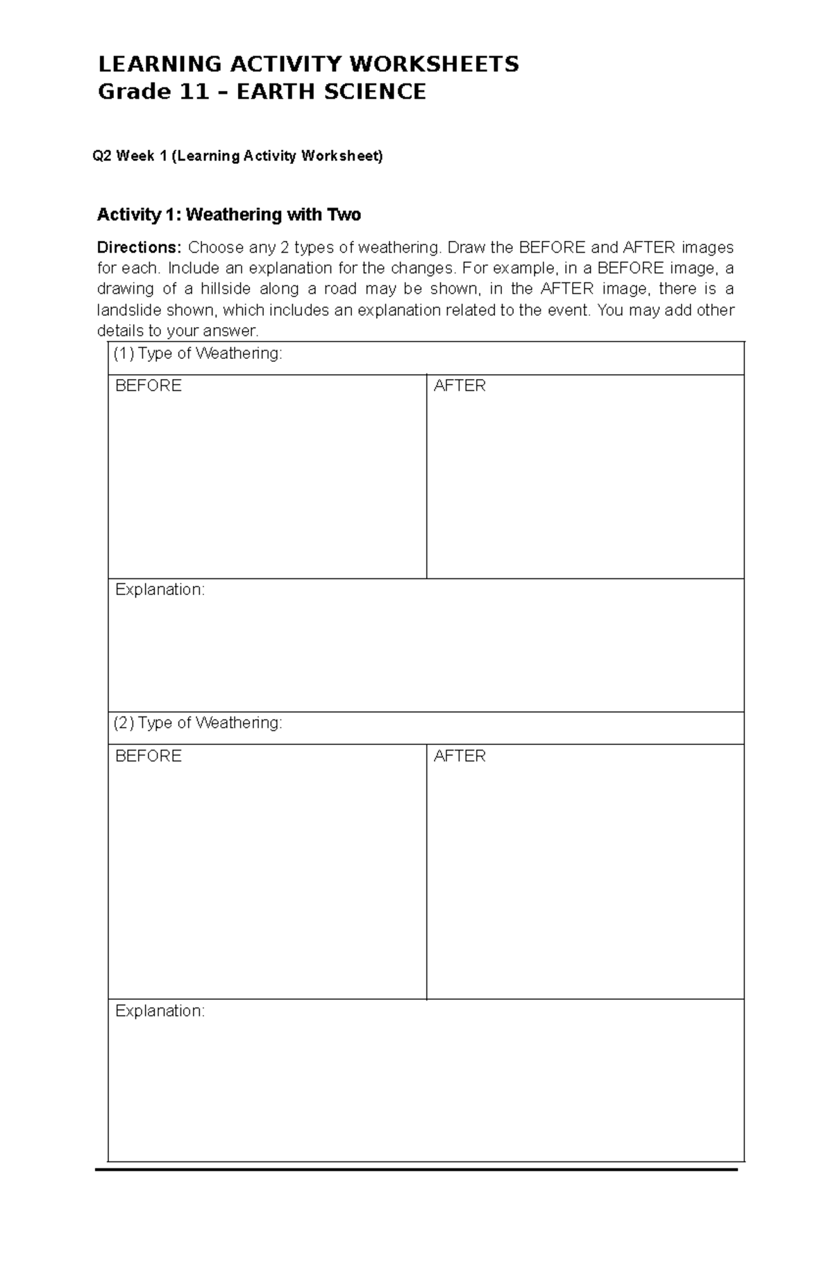 Earth Science Work sheet 1 - LEARNING ACTIVITY WORKSHEETS Grade 11 ...