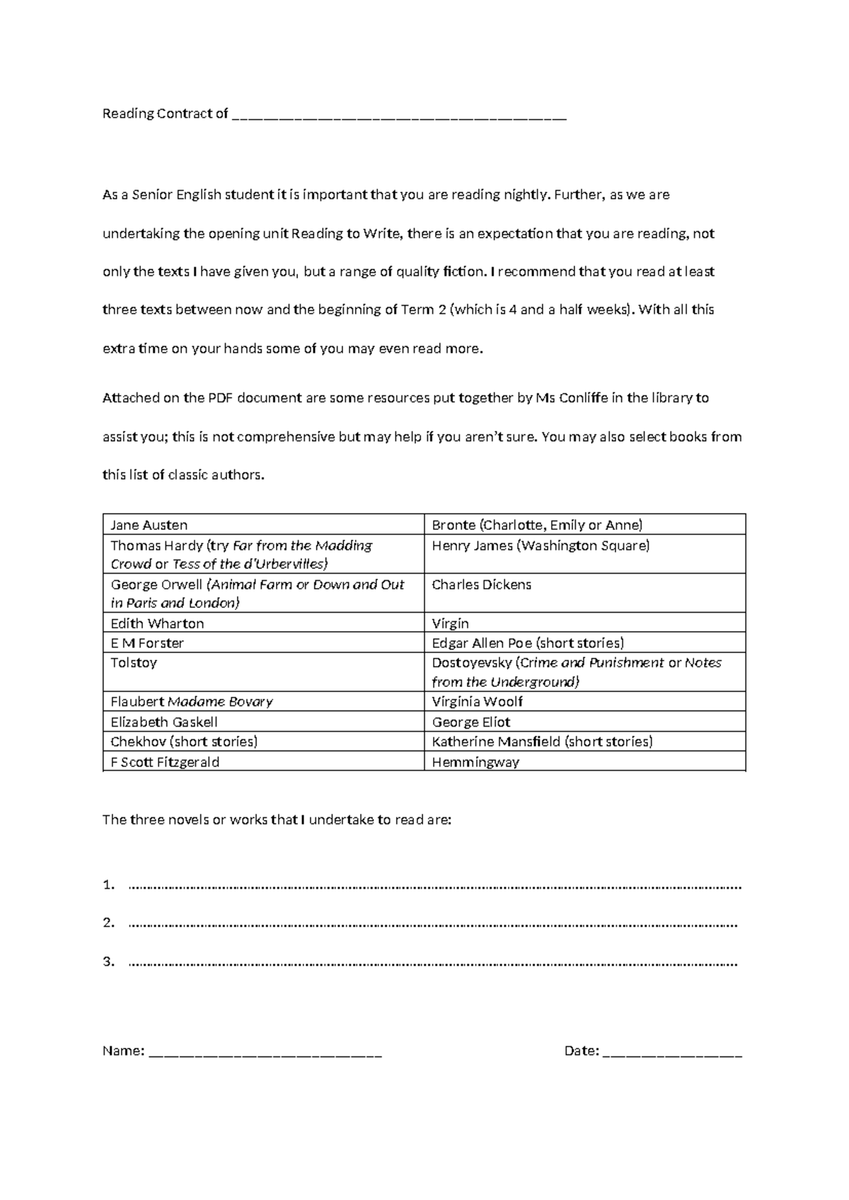 Senior English 11 Reading Contract: Expectations for Term 2 Reading ...