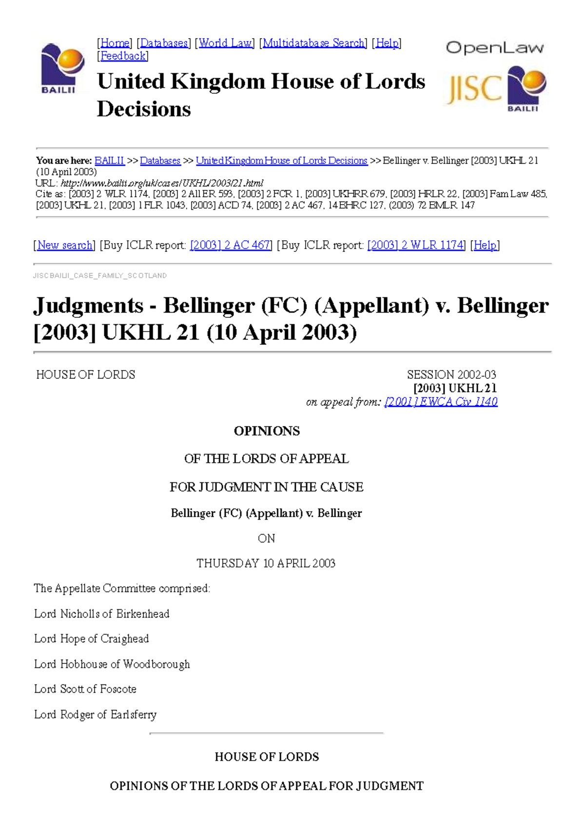 Bellinger v. Bellinger UKHL 21: House of Lords Decision Analysis - Studocu