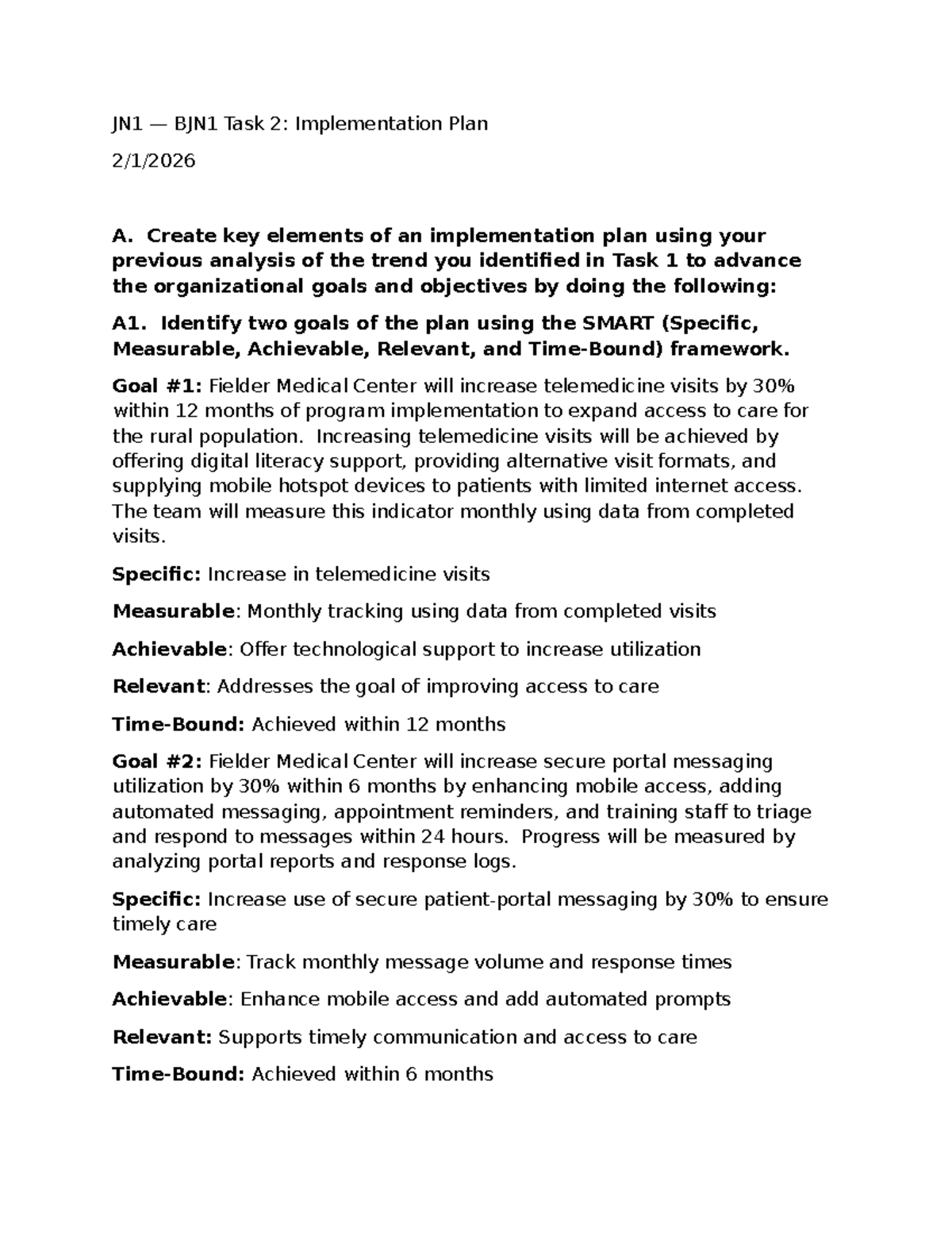 BJN1 Task 2: Telemedicine Implementation Plan for Fielder Medical ...