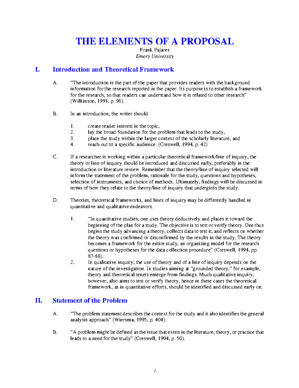 Elements of a Proposal - THE ELEMENTS OF A PROPOSAL Frank Pajares Emory ...