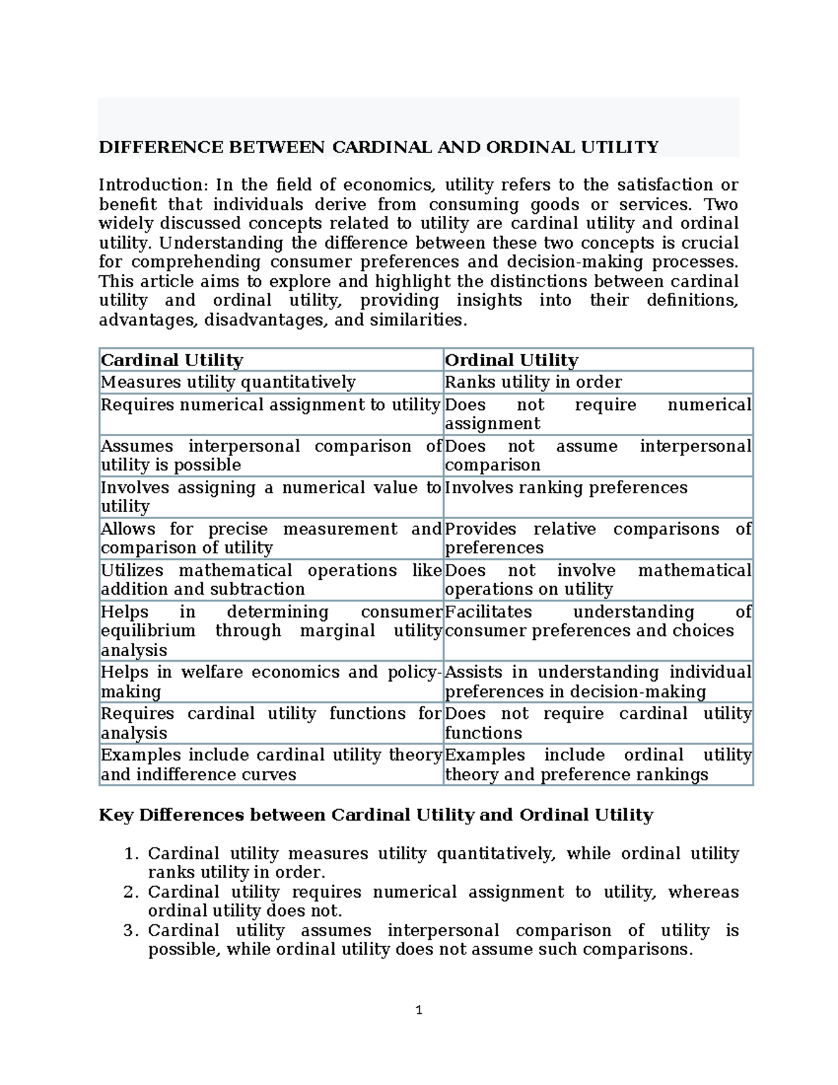ECON 101: Difference Between Cardinal & Ordinal Utility - Studocu