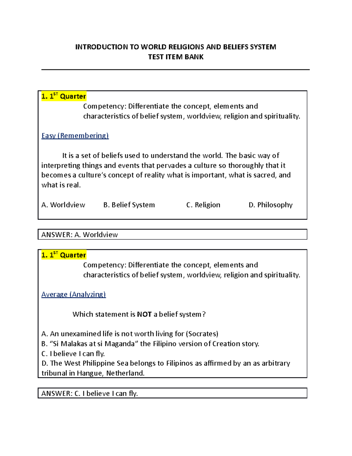 Test Item Bank: Introduction to World Religions (REL101) - Studocu