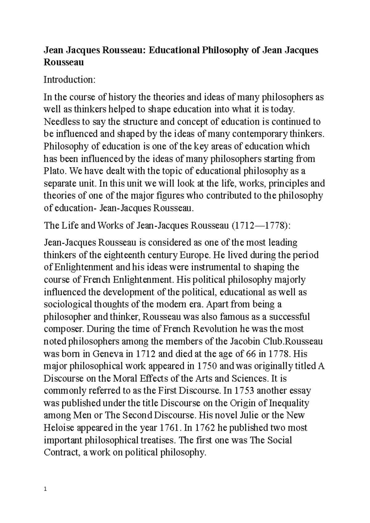 Jean Jacques Rousseau: Educational Philosophy Overview (EDU 101) - Studocu
