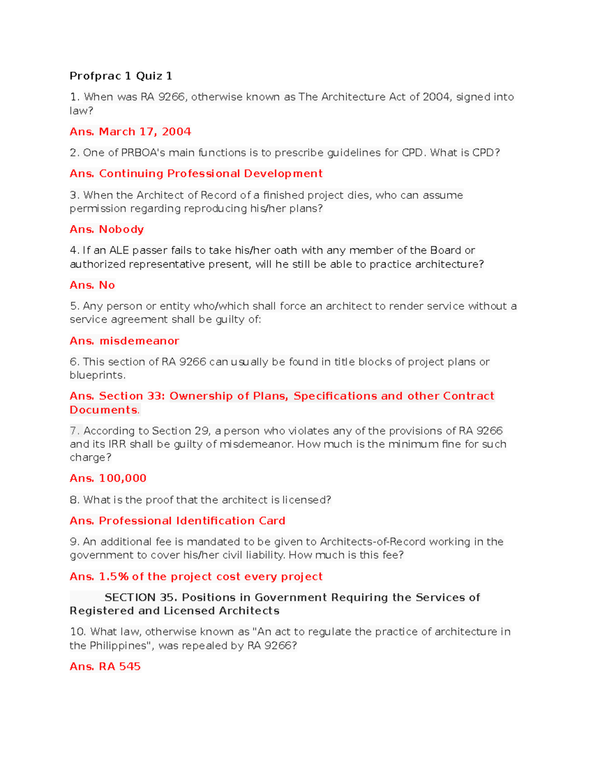 Profprac 1 Quiz 1 - Overview of RA 9266 and Architectural Practice - Studocu
