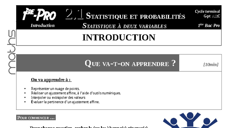 1 2.1 S Statistique et Probabilités: Introduction à 2 Variables MATH 1 ...