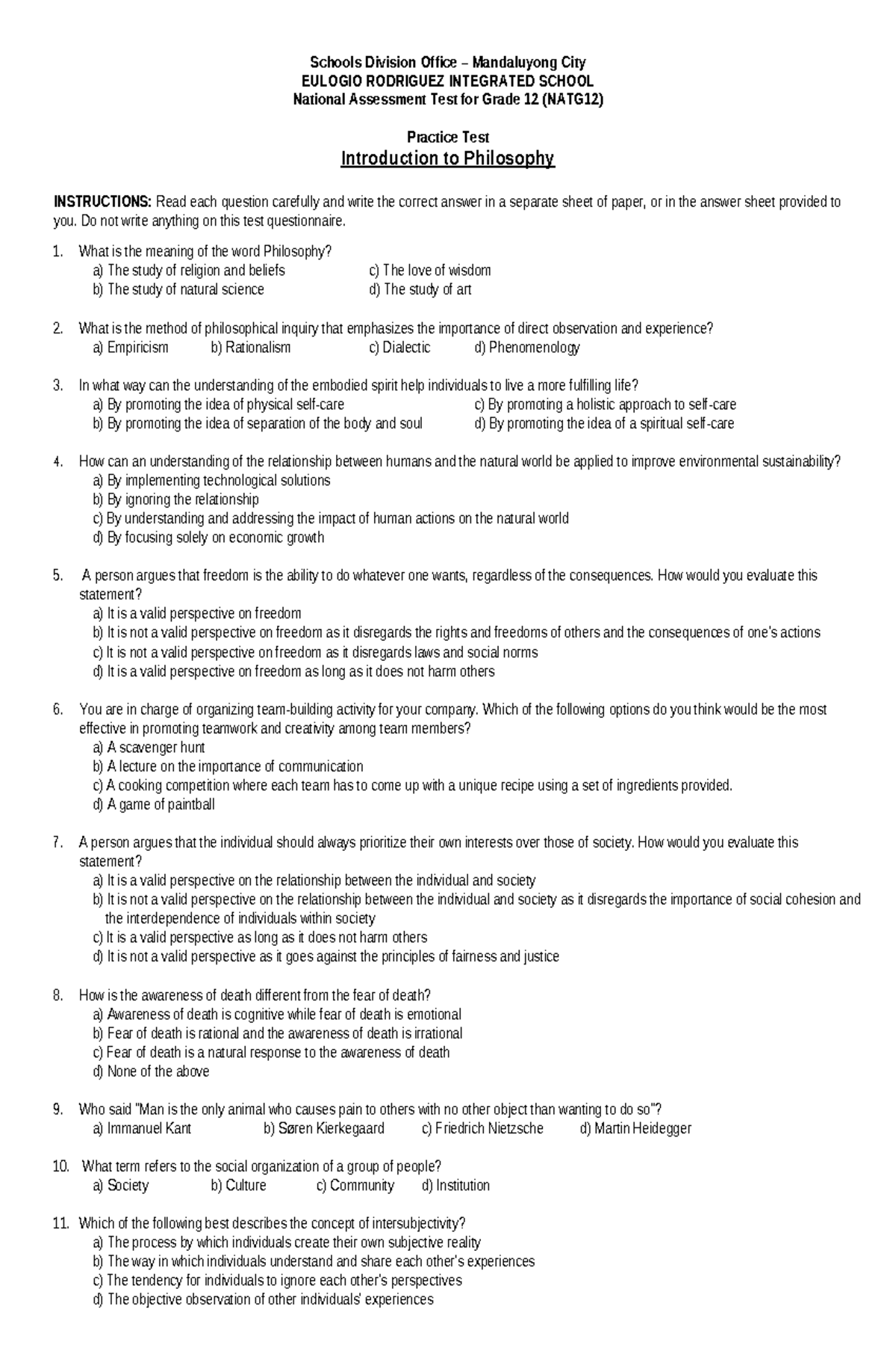 NATG12 Philosophy Practice Test Reviewer for Grade 12 Students - Studocu