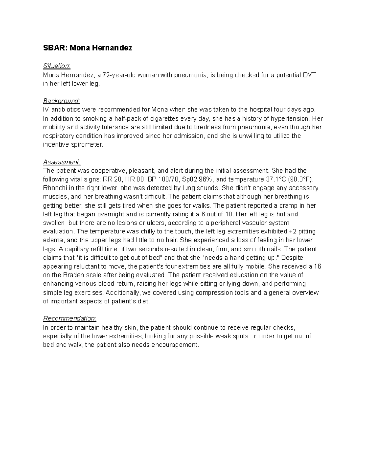 SBAR Report: Mona Hernandez - Pneumonia and DVT Assessment - Studocu